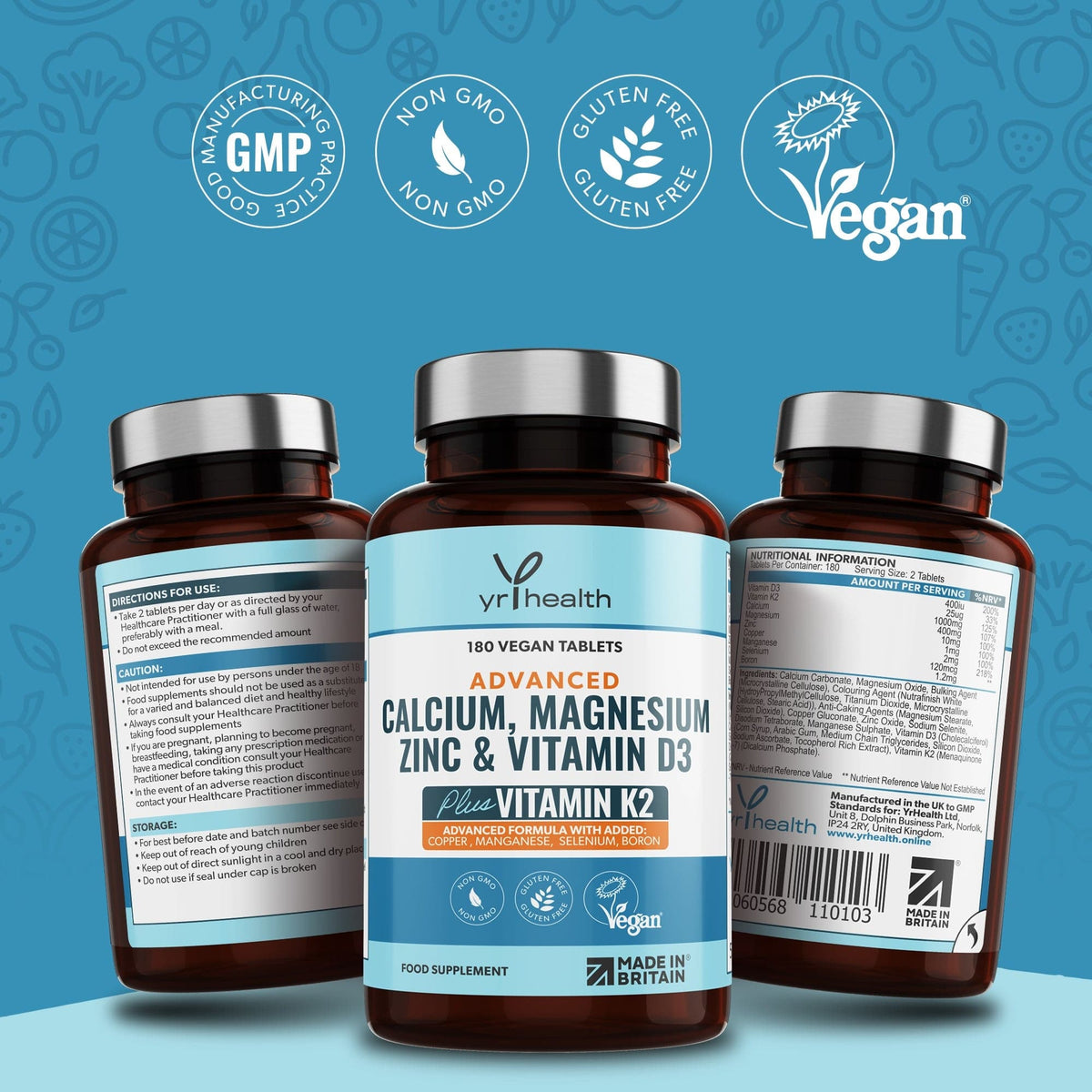 ADVANCED Calcium, Magnesium, Zinc, Vitamin D3 & K2 MK7 - 180 Vegan Tab ...