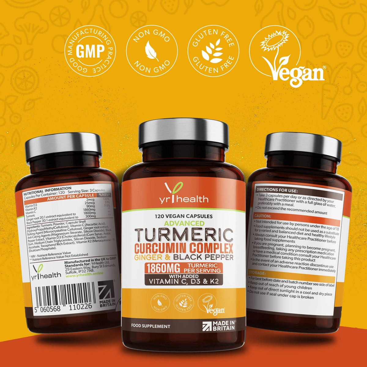 Turmeric Curcumin Complex Ginger & Black Pepper - 120 Vegan Tablets ...