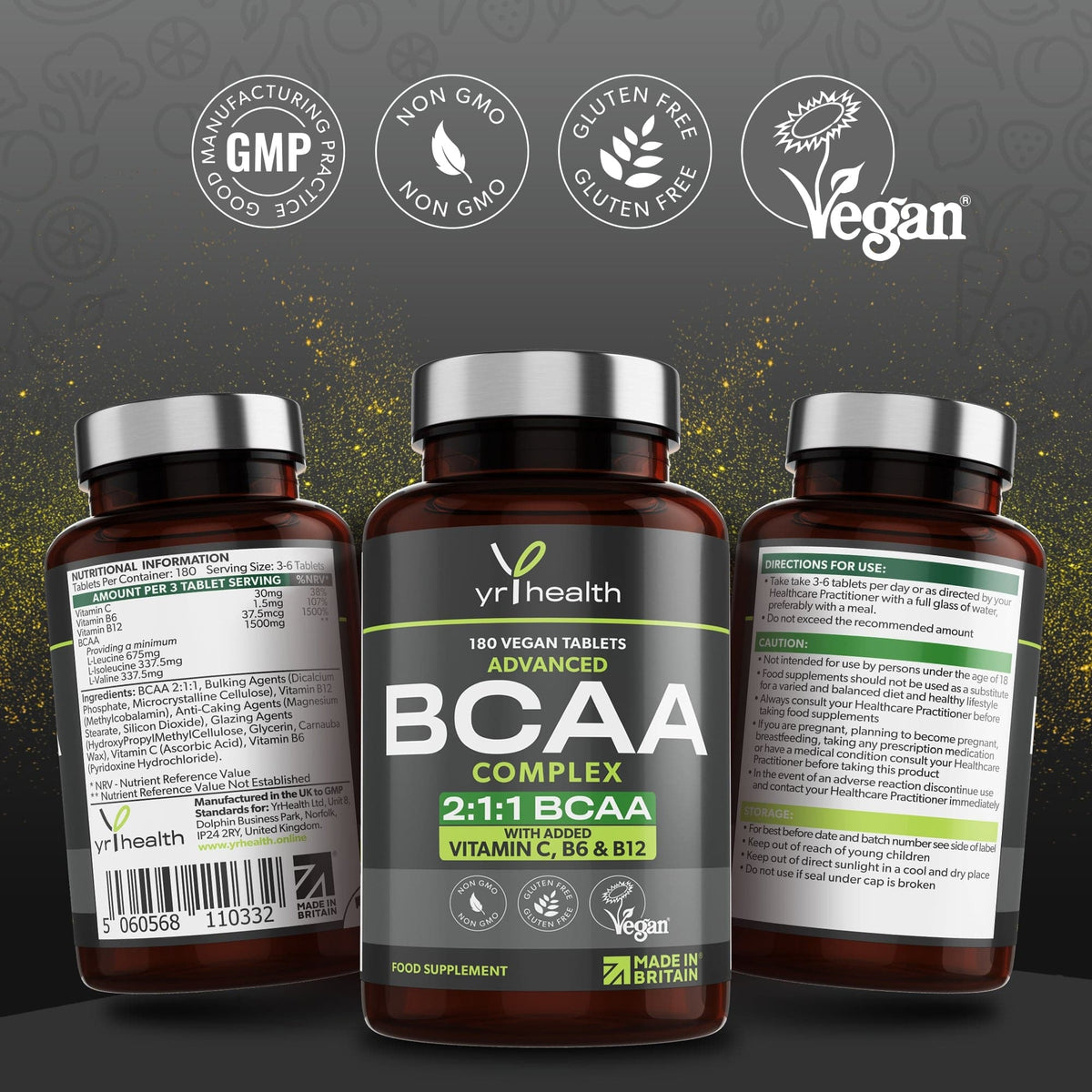 2:1:1 BCAAs Branch Chain Amino Acids + Vitamin C, B6 and B12 - 180 Veg ...